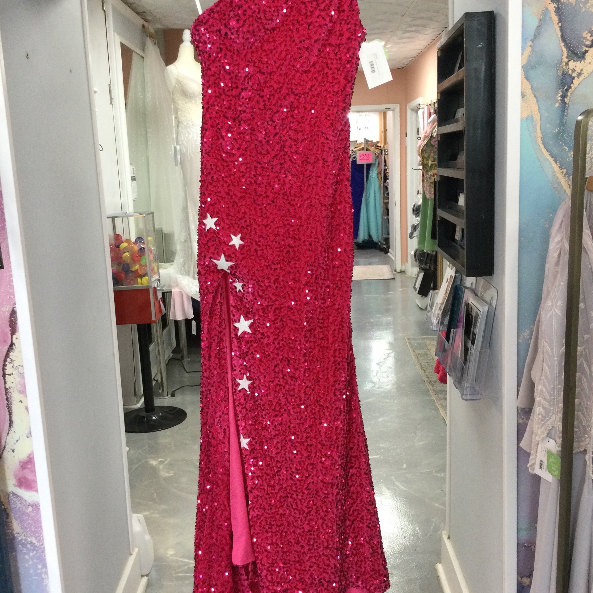 Pink Maxi one shoulder velvet dress with large pink sequins and white ...