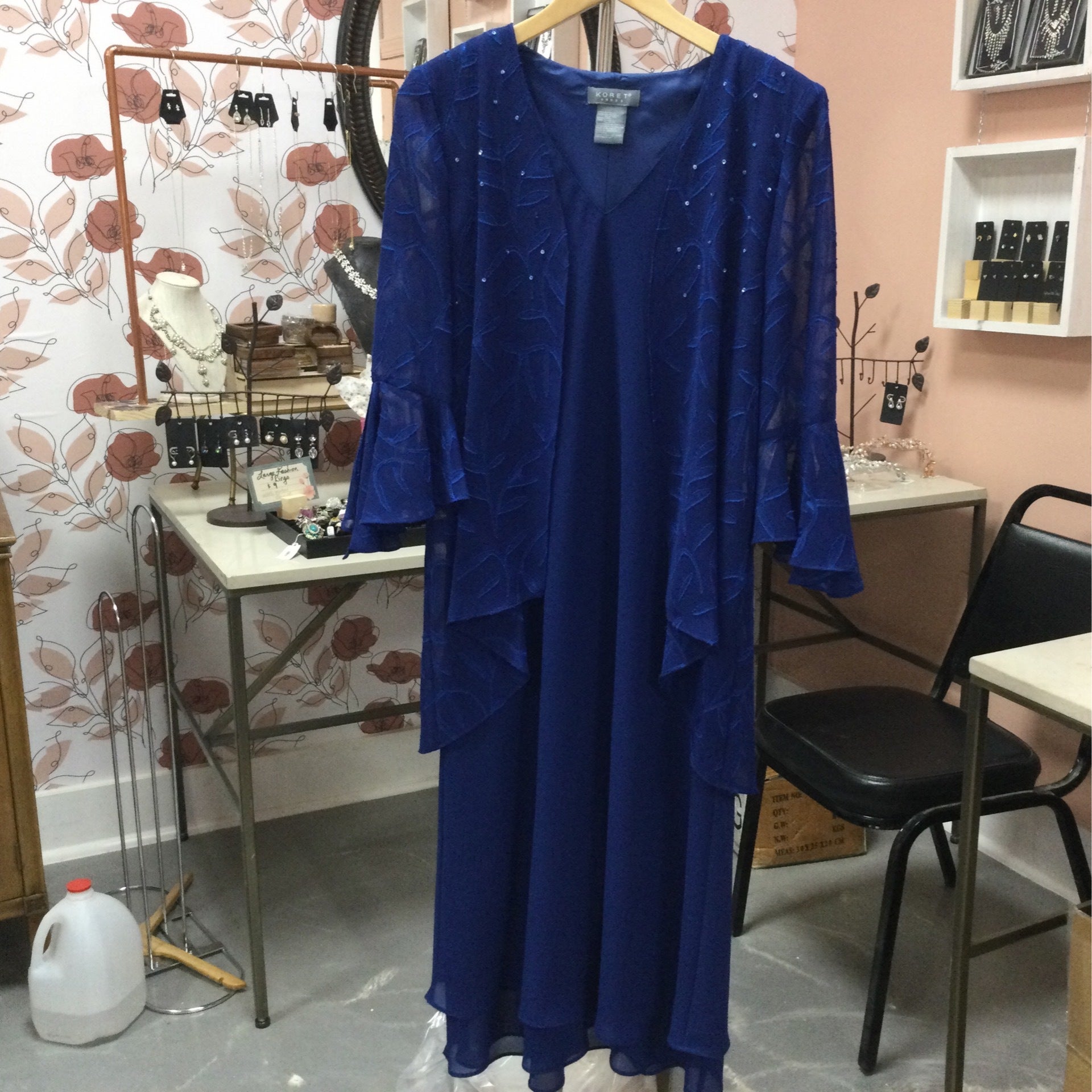 Royal Blue Chiffon Ruffle Hem Vneck Sheer Embroidered Beaded Long ...